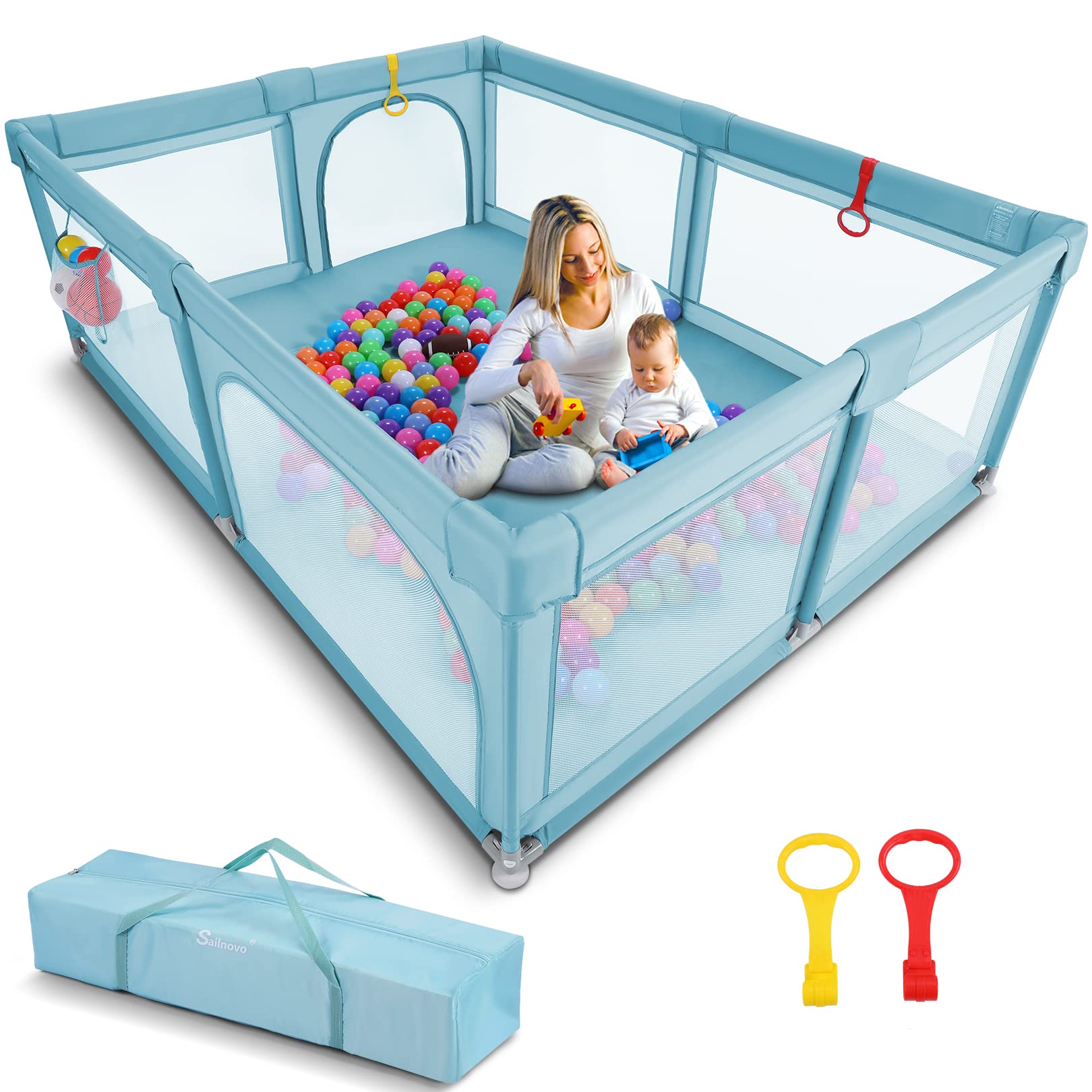 Baby Playpen Extra Large for Babies/Toddlers/Twins 79'' x 59'' Floor Baby Pen, Sailnovo Large Baby Play Pen Play Yard for Baby, Baby Fence Activity Center with Anti-Slip Sucker and Handler(Green)