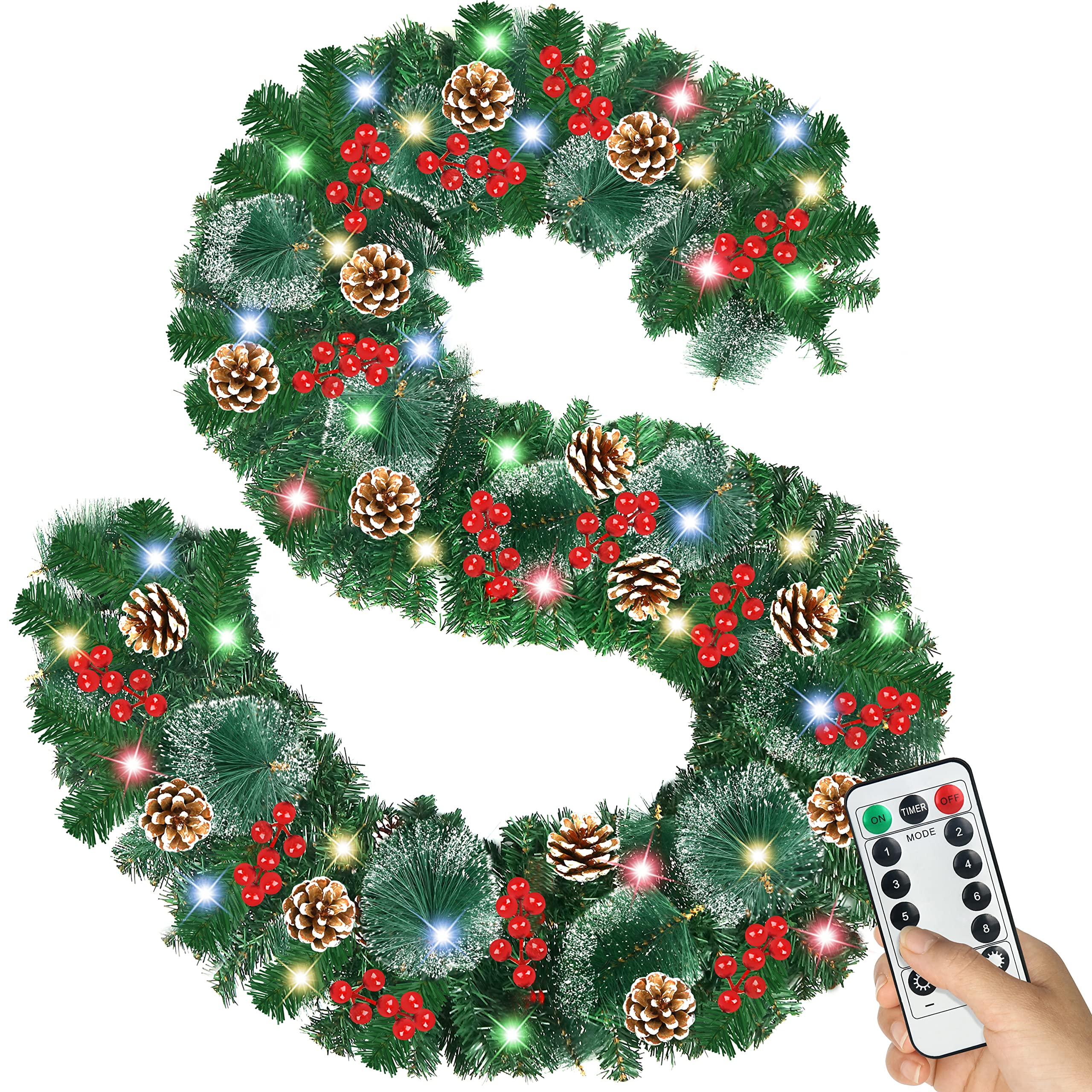 Treetim 9 Ft Christmas Garland with 100 LED Lights and Remote Control, Battery Operated Pre-Lit Xmas Garland of 9 Light Modes and Timer, Suitable for Indoor Outdoor Mantle Fireplace(Color)