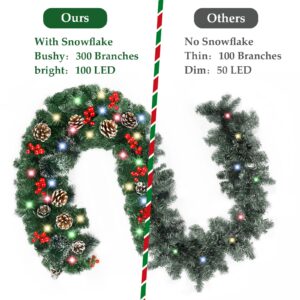 Treetim 9 Ft Christmas Garland with 100 LED Lights and Remote Control, Battery Operated Pre-Lit Xmas Garland of 9 Light Modes and Timer, Suitable for Indoor Outdoor Mantle Fireplace(Color)