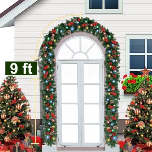 Treetim 9 Ft Christmas Garland with 100 LED Lights and Remote Control, Battery Operated Pre-Lit Xmas Garland of 9 Light Modes and Timer, Suitable for Indoor Outdoor Mantle Fireplace(Color)