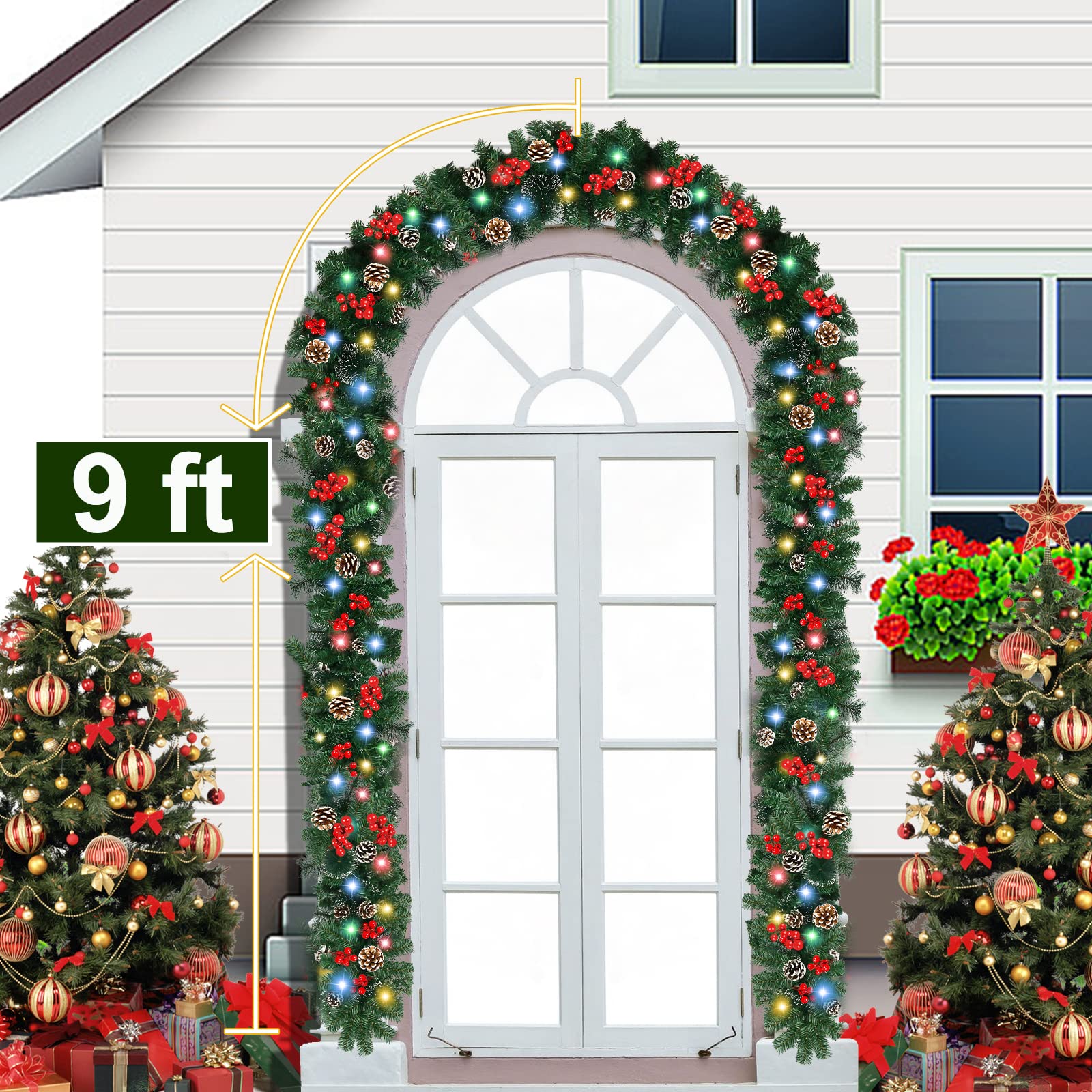 Treetim 9 Ft Christmas Garland with 100 LED Lights and Remote Control, Battery Operated Pre-Lit Xmas Garland of 9 Light Modes and Timer, Suitable for Indoor Outdoor Mantle Fireplace(Color)