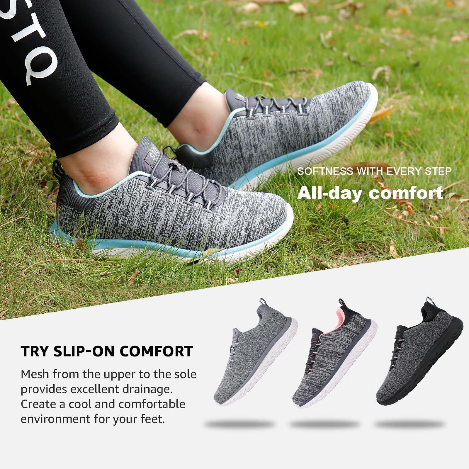 STQ Slip On Fashion Sneakers for Women Lightweight Walking Breathable Non Slip for Gym Workout Comfortable Grey Aque 7.5