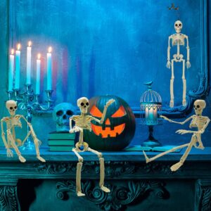 6PCS Skeleton Halloween Decorations, 16 in Full Body Poseable Small Skeleton Plastic Bones with Movable Posable Joints for Halloween Indoor Outdoor Party, Graveyard, Haunted House Accessories