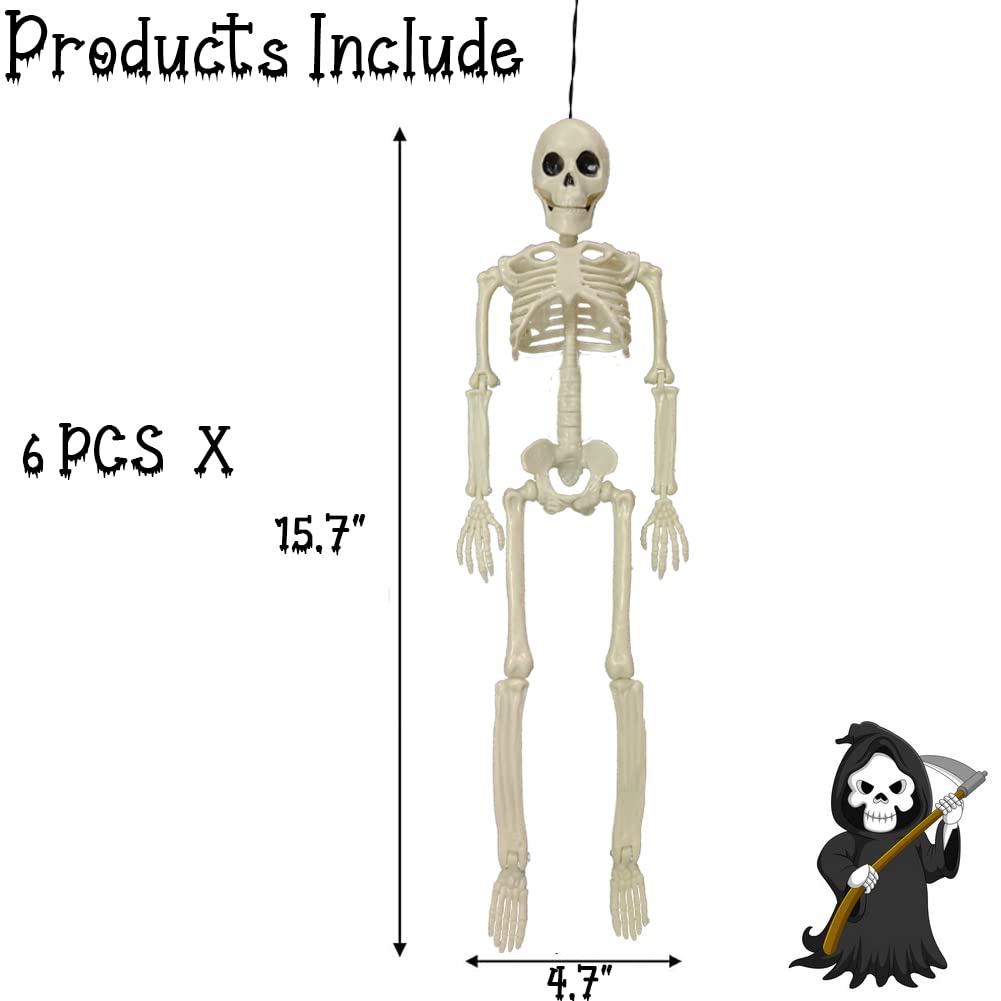 6PCS Skeleton Halloween Decorations, 16 in Full Body Poseable Small Skeleton Plastic Bones with Movable Posable Joints for Halloween Indoor Outdoor Party, Graveyard, Haunted House Accessories