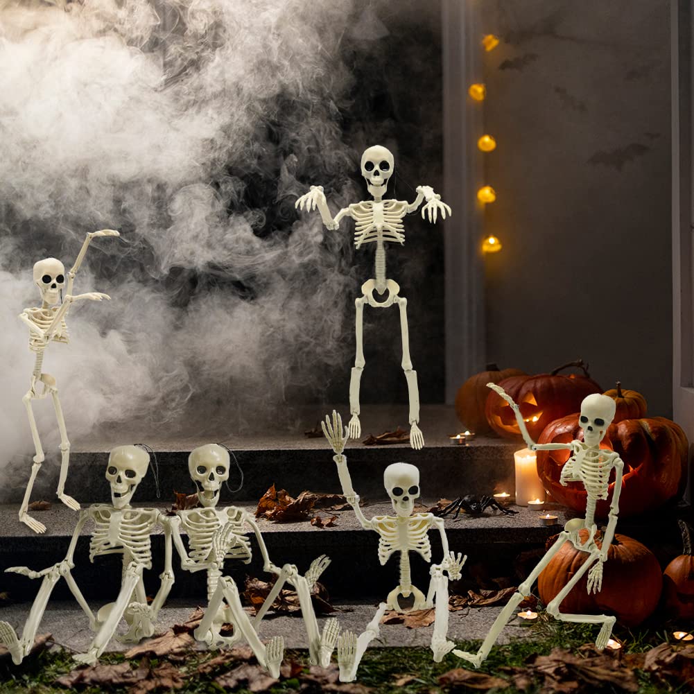 6PCS Skeleton Halloween Decorations, 16 in Full Body Poseable Small Skeleton Plastic Bones with Movable Posable Joints for Halloween Indoor Outdoor Party, Graveyard, Haunted House Accessories