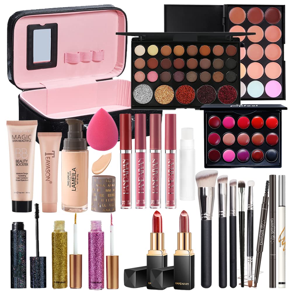 All-In-One Resort Set Full Multi-Purpose Beauty Set Festive Gift Box - Highly Pigmented Palette Combination Lips Facial Brows Eye Makeup Brush for Essential Starter - Full Makeup Kit for Women