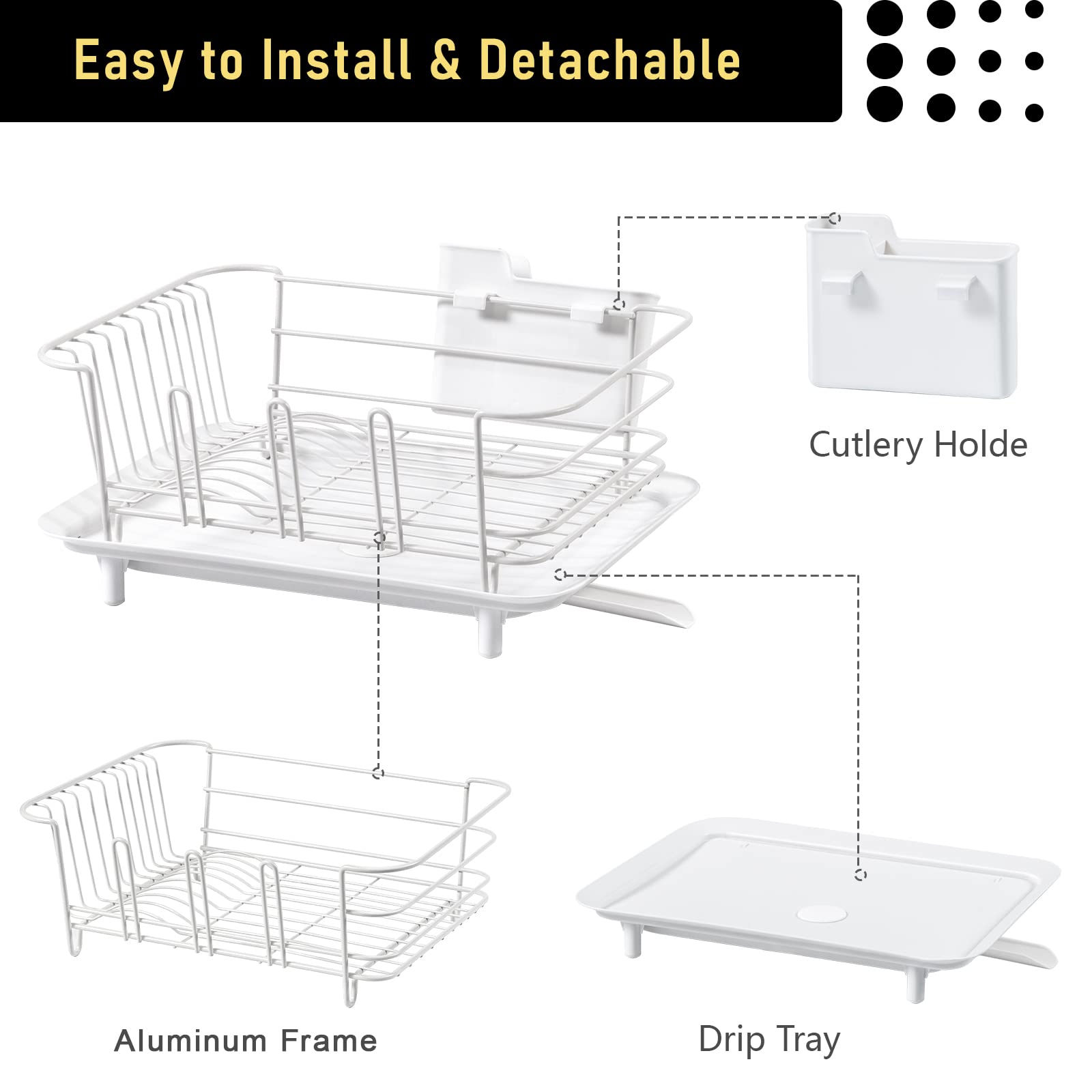 BRIAN & DANY Dish Drying Rack, Stainless Steel Dish Racks for Kitchen Counter, Dish Rack with Cutlery Holder & Drainboard, 15.5"x 11.8"x 8.58", White