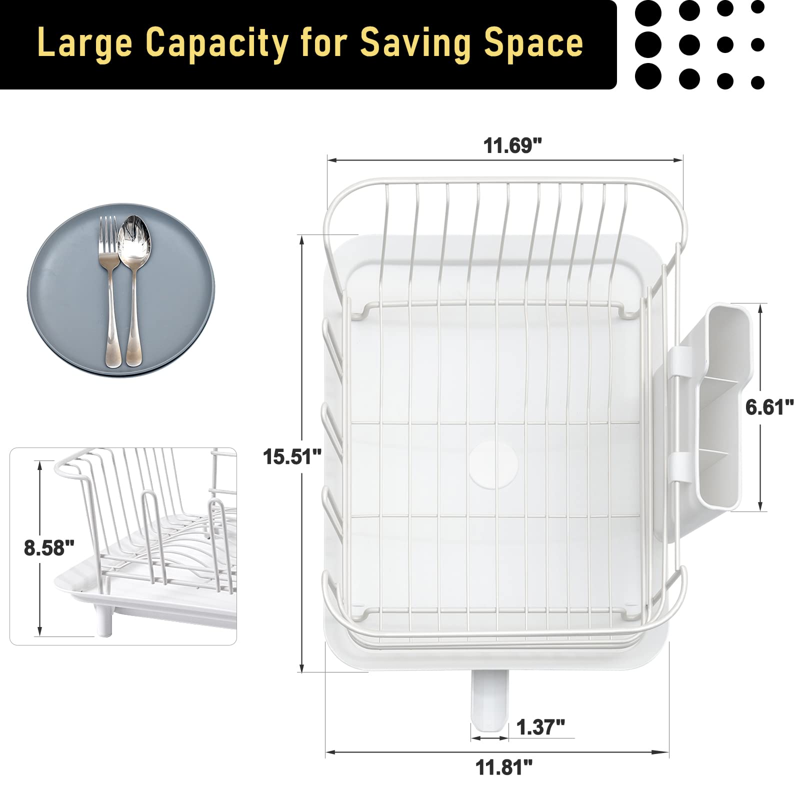 BRIAN & DANY Dish Drying Rack, Stainless Steel Dish Racks for Kitchen Counter, Dish Rack with Cutlery Holder & Drainboard, 15.5"x 11.8"x 8.58", White