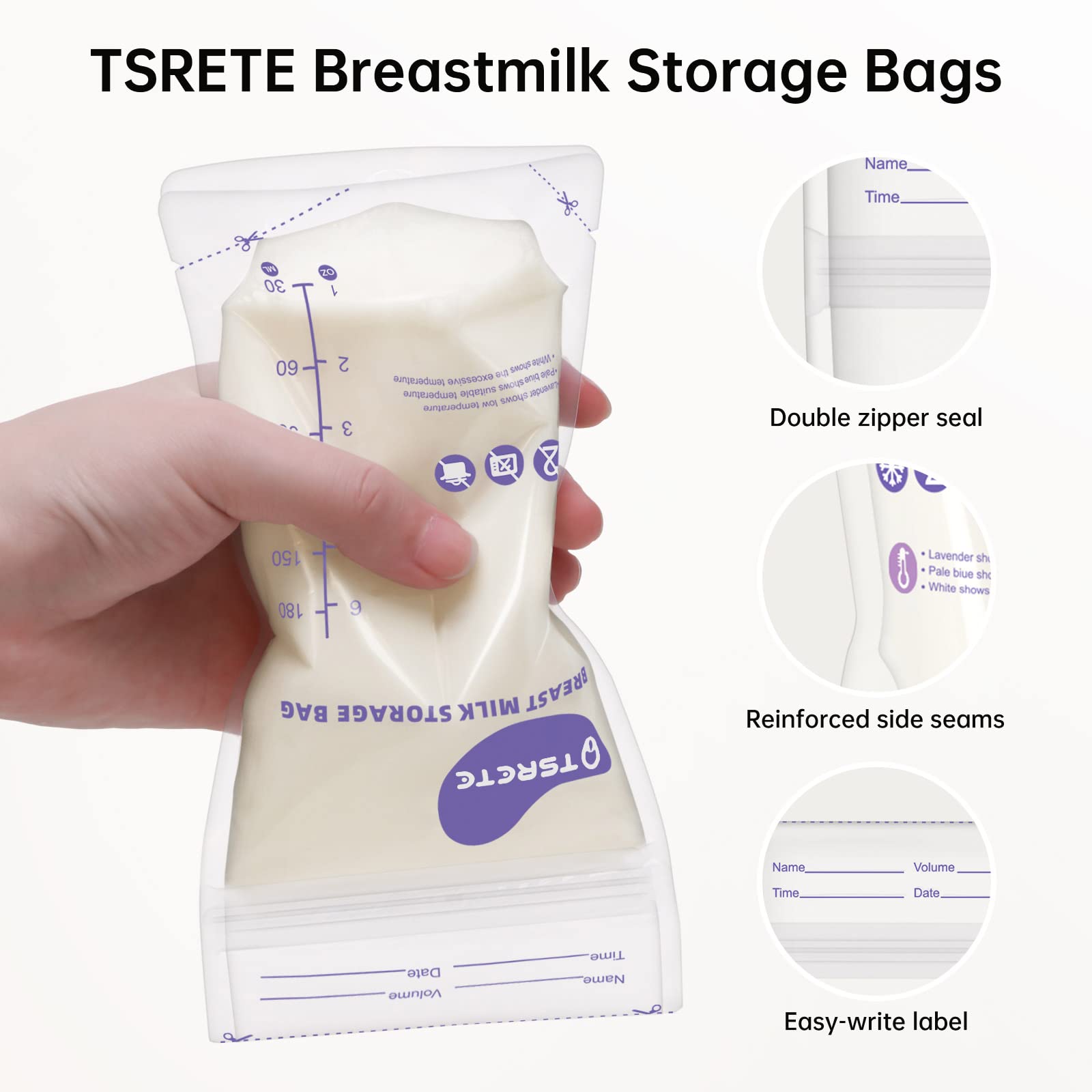 TSRETE Breastmilk Storage Bags Temperature Sensing Discoloration - 120 Count Leak Proof Double Zipper Seal Self Standing Breastmilk Bags for Breastfeeding, Space Saving for Refrigeration - 6 OZ/180ml