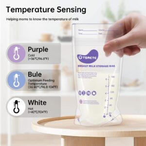 TSRETE Breastmilk Storage Bags Temperature Sensing Discoloration - 120 Count Leak Proof Double Zipper Seal Self Standing Breastmilk Bags for Breastfeeding, Space Saving for Refrigeration - 6 OZ/180ml