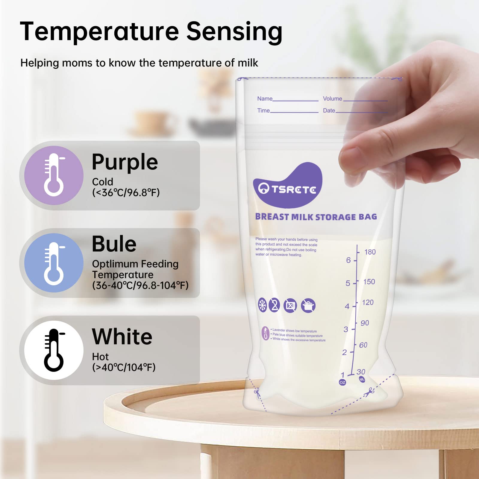 TSRETE Breastmilk Storage Bags Temperature Sensing Discoloration - 120 Count Leak Proof Double Zipper Seal Self Standing Breastmilk Bags for Breastfeeding, Space Saving for Refrigeration - 6 OZ/180ml