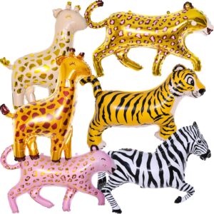 6 pieces giant jungle safari animals balloons,large zebra giraffe leopard cheetah tiger foil balloons for wild one safari zoo jungle theme party baby shower birthday party decoration