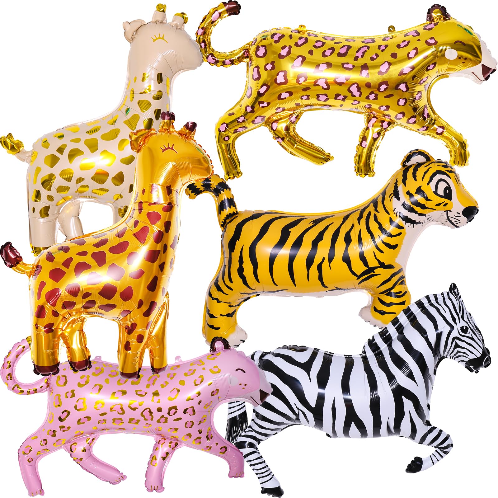 6 Pieces Giant Jungle Safari Animals Balloons,Large Zebra Giraffe Leopard Cheetah Tiger Foil Balloons For Wild One Safari Zoo Jungle Theme Party Baby Shower Birthday Party Decoration