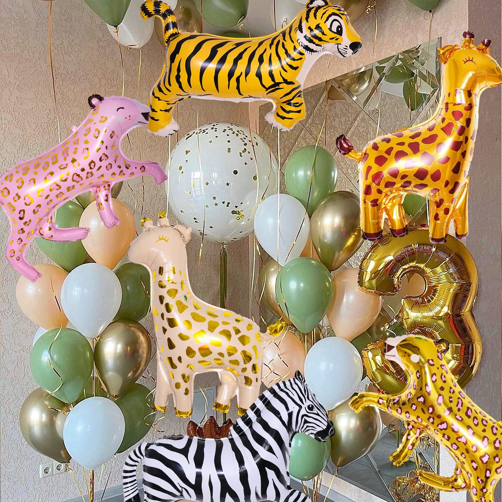 6 Pieces Giant Jungle Safari Animals Balloons,Large Zebra Giraffe Leopard Cheetah Tiger Foil Balloons For Wild One Safari Zoo Jungle Theme Party Baby Shower Birthday Party Decoration