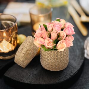 DOITOOL Hand Woven Seagrass Mini Round Basket with Lid, 12x9cm, Beige, Tabletop Decorative Storage Basket