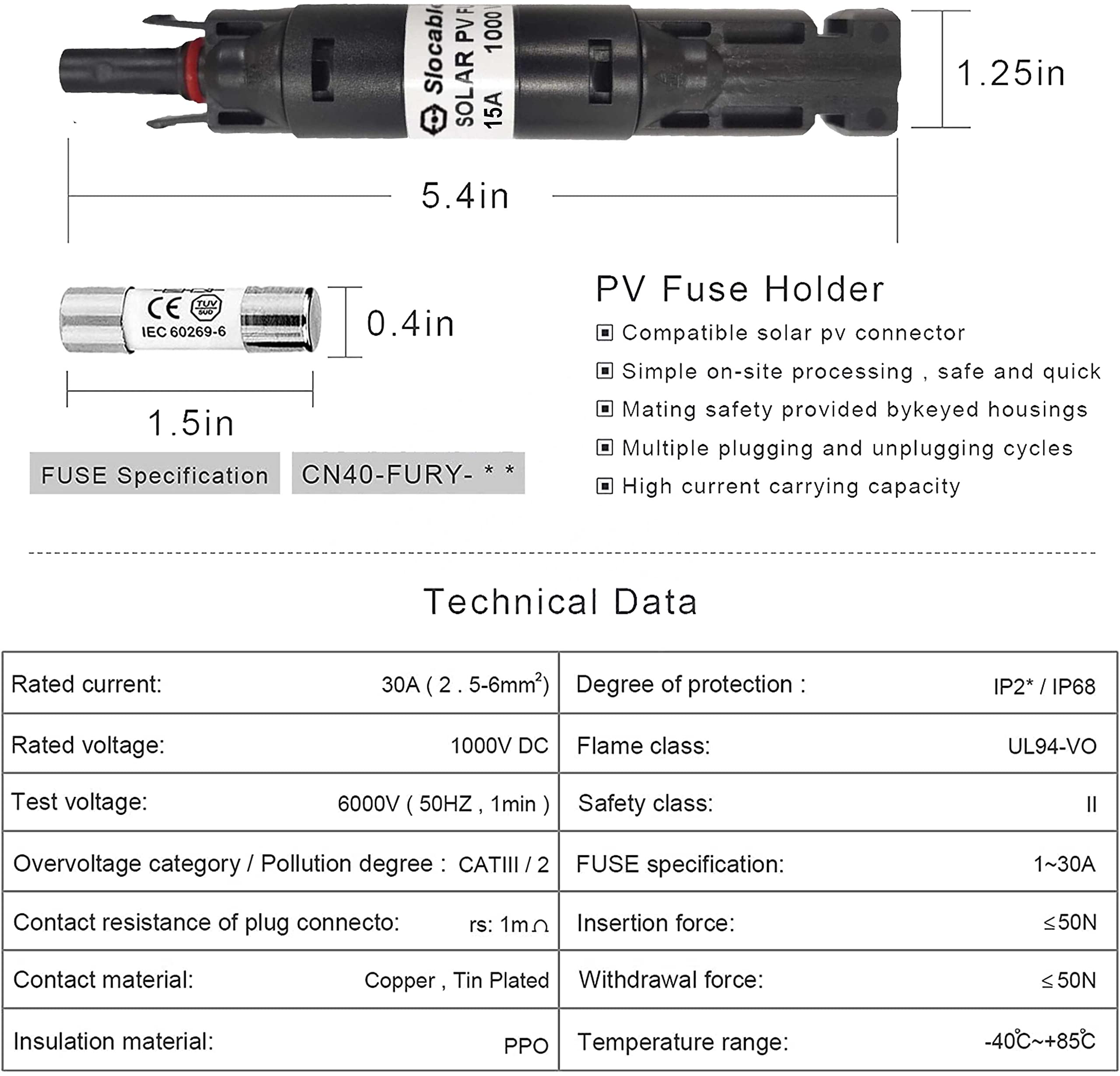 Solar Odyssey 4 Pack 15A Solar PV in-Line Fuse Holder Waterproof w/Fuse 15 Amp Pack of 4