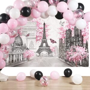 76 pcs paris party supplies set pink paris theme party decoration eiffel tower party backdrop white pink black balloon arch garland kit for kid boy girl birthday decoration