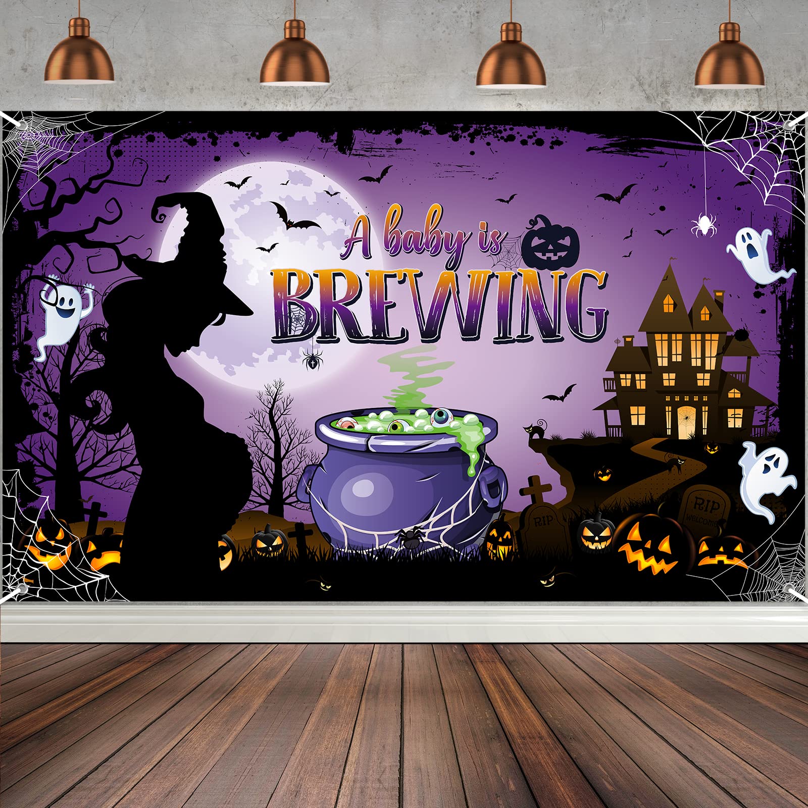 Halloween Baby Shower Backdrop with Magic Theme, A Baby is Brewing Halloween Baby Shower Party Decorations Supplies, Party Favors for Baby Boy Girl, Photobooth Props Background Banner, 72.8 x 43.3Inch