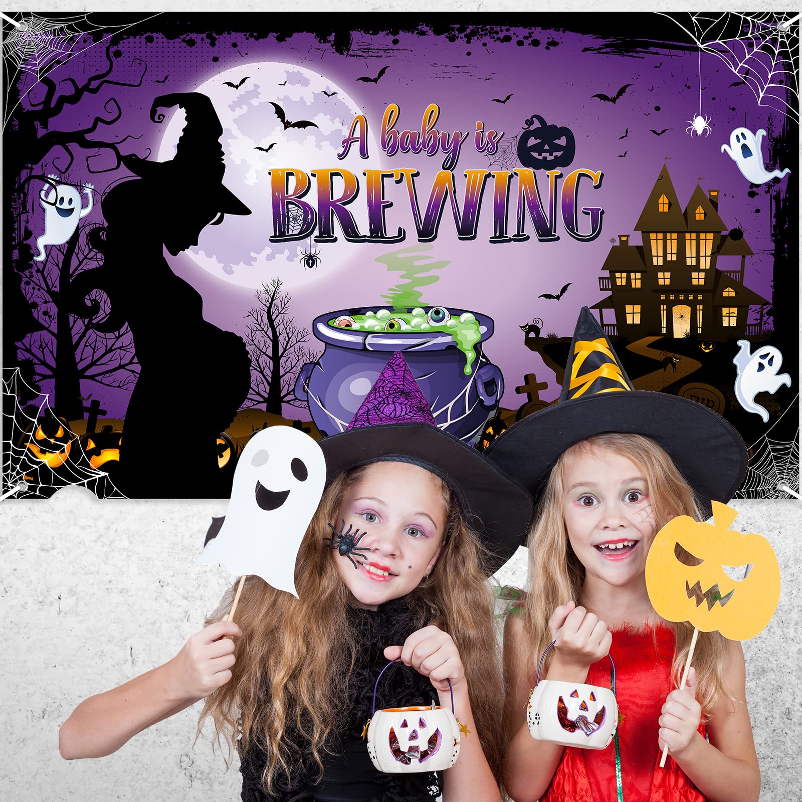 Halloween Baby Shower Backdrop with Magic Theme, A Baby is Brewing Halloween Baby Shower Party Decorations Supplies, Party Favors for Baby Boy Girl, Photobooth Props Background Banner, 72.8 x 43.3Inch