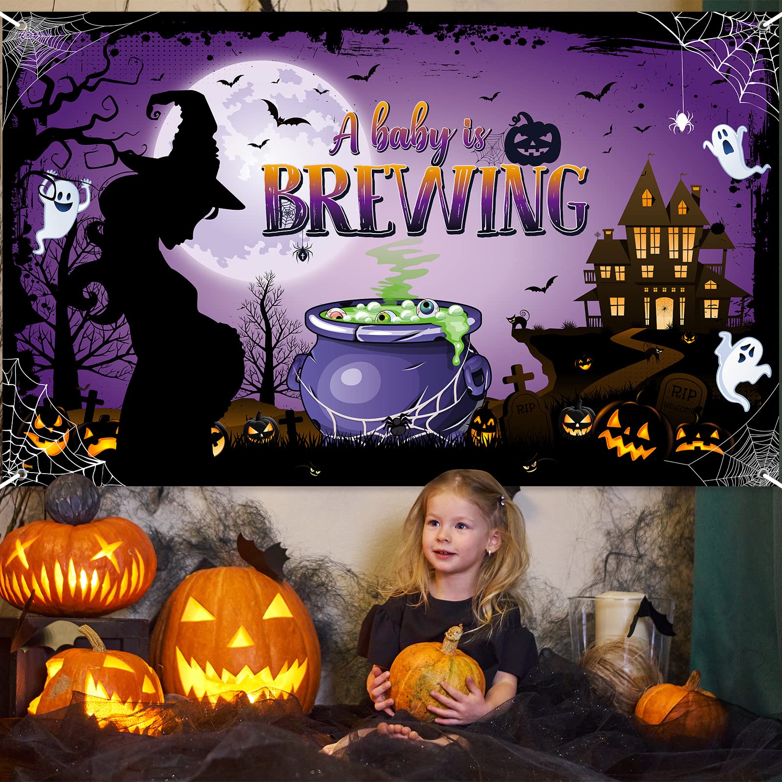 Halloween Baby Shower Backdrop with Magic Theme, A Baby is Brewing Halloween Baby Shower Party Decorations Supplies, Party Favors for Baby Boy Girl, Photobooth Props Background Banner, 72.8 x 43.3Inch