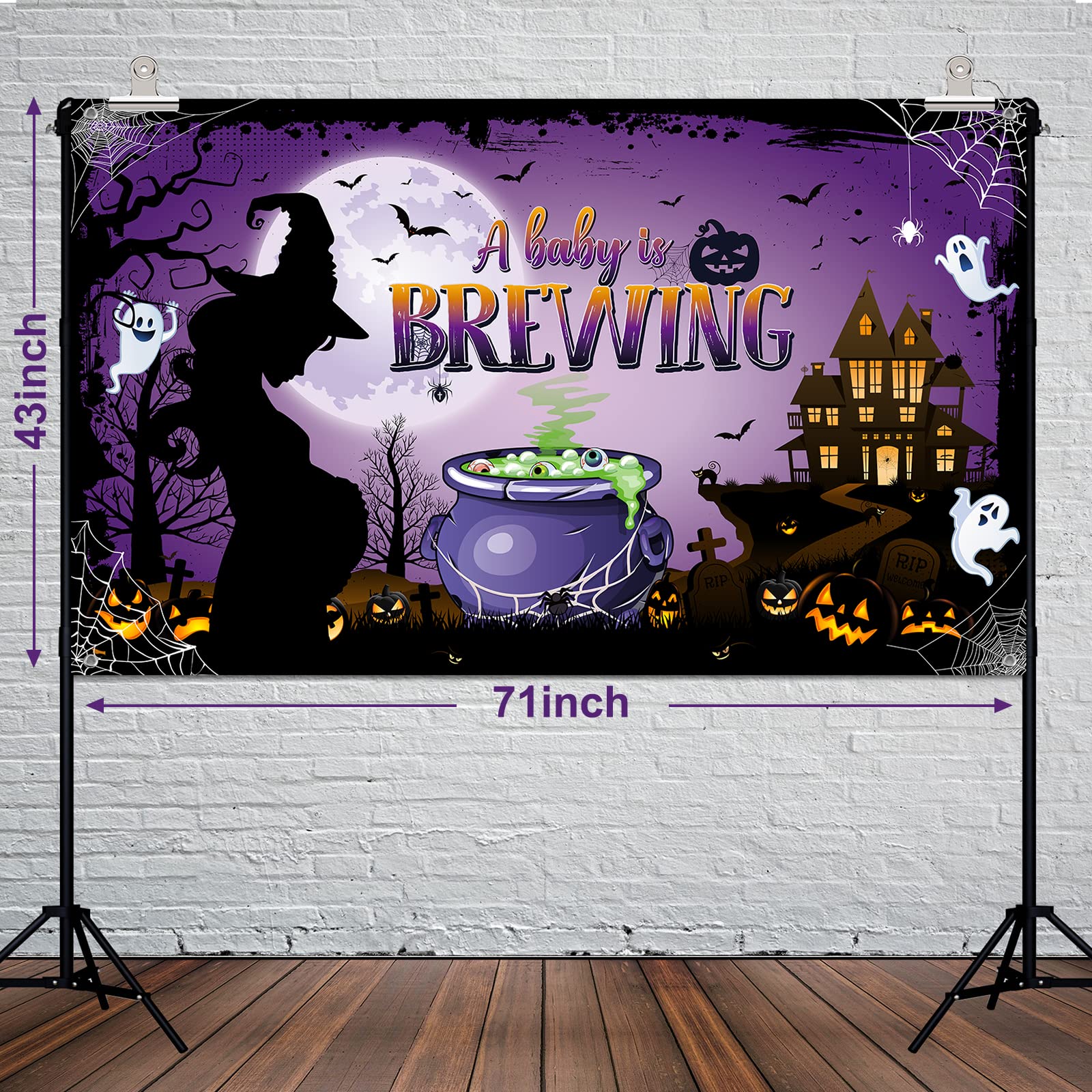 Halloween Baby Shower Backdrop with Magic Theme, A Baby is Brewing Halloween Baby Shower Party Decorations Supplies, Party Favors for Baby Boy Girl, Photobooth Props Background Banner, 72.8 x 43.3Inch