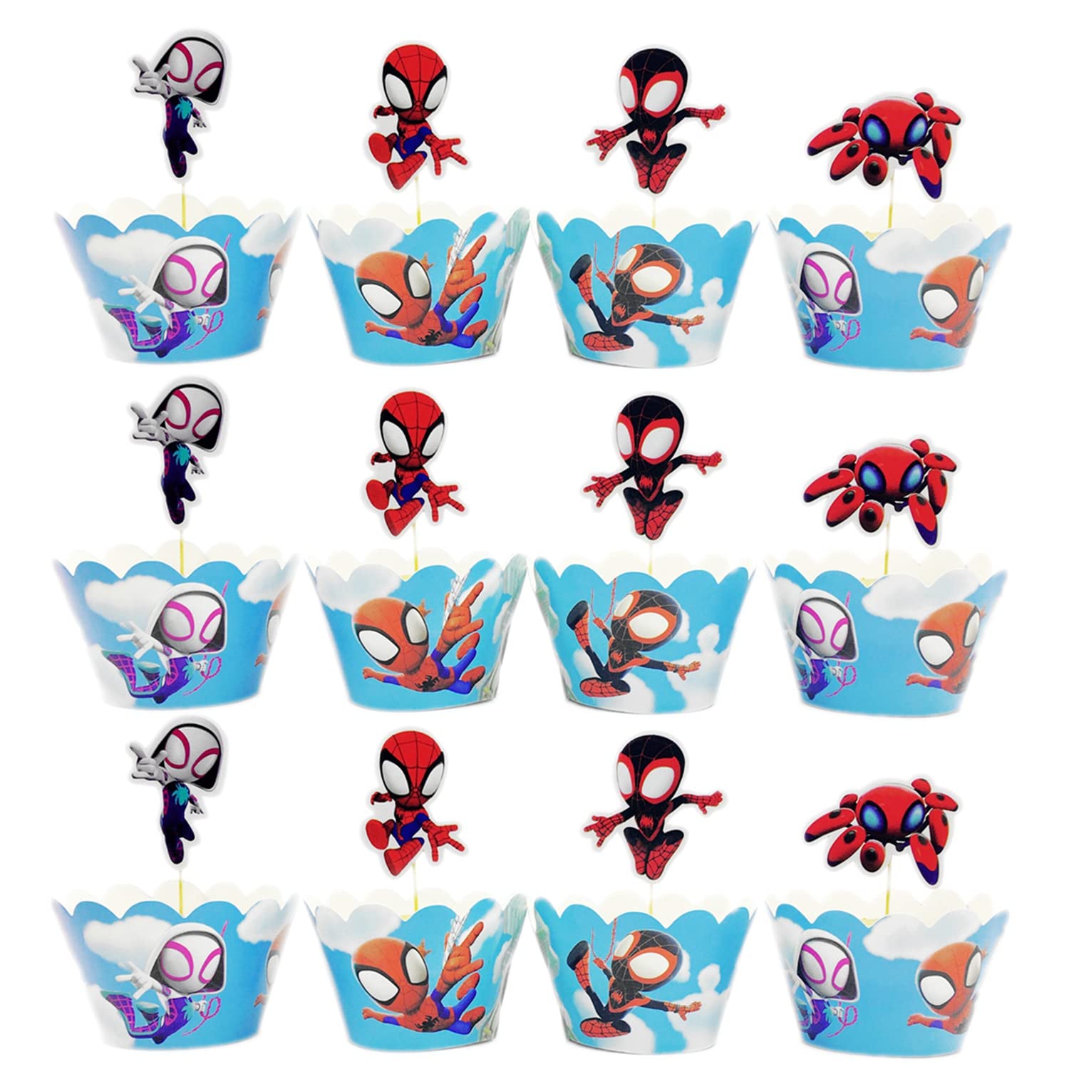 12pc Spidey Cupcake Topper and Cupcake Wrapper Picks Boy Children Spidey Party Decoration Kid's Birthday Spidey Party Decoration Supplies.