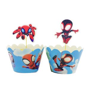 12pc Spidey Cupcake Topper and Cupcake Wrapper Picks Boy Children Spidey Party Decoration Kid's Birthday Spidey Party Decoration Supplies.