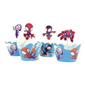 12pc Spidey Cupcake Topper and Cupcake Wrapper Picks Boy Children Spidey Party Decoration Kid's Birthday Spidey Party Decoration Supplies.