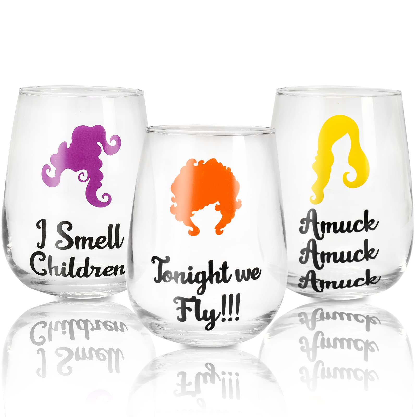 Whaline 3Pcs Halloween Stemless Wine Glasses 17oz Hocus Pocus Drinking Glasses Little Witch Clear Tumbler Cups for Halloween Party Event Decorations Hocus Pocus Themed Supplies