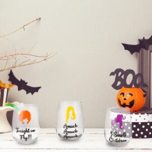 Whaline 3Pcs Halloween Stemless Wine Glasses 17oz Hocus Pocus Drinking Glasses Little Witch Clear Tumbler Cups for Halloween Party Event Decorations Hocus Pocus Themed Supplies