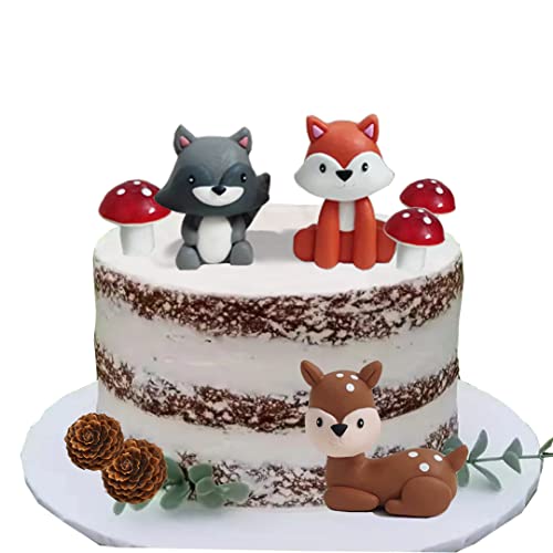 Woodland Cake Topper Fox Raccoon Deer Pine Cones Mushroom for Baby Shower Birthday