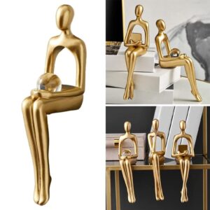 golden abstract bookshelf figures, gold thinker statue decor, resin sitting sculpture, modern thinker art for bookshelf table shelf desktop table office home decoration-hold the ball