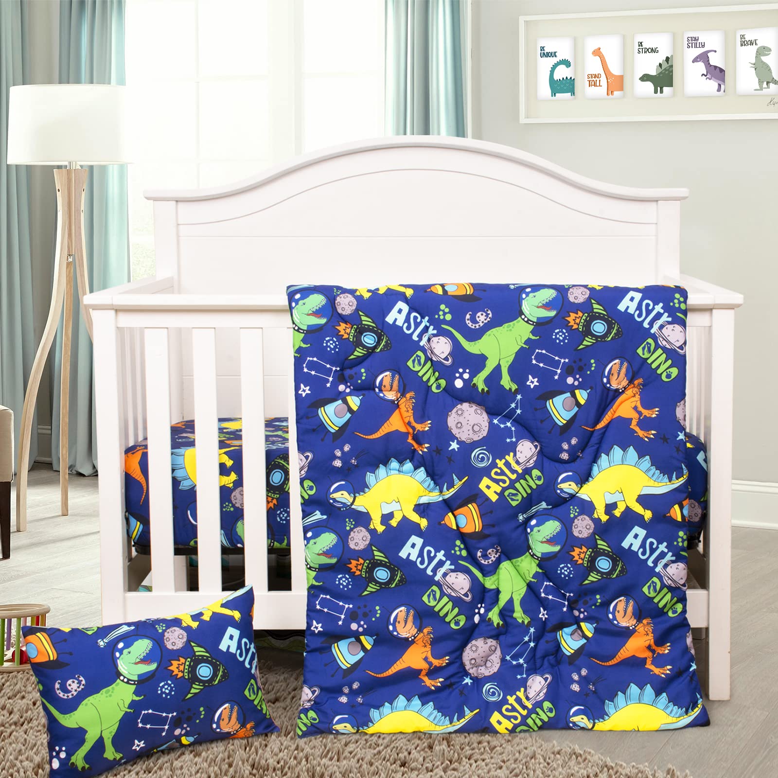 UOMNY Crib Bedding Sets for Boys 3 Piece Dinosaur Space Baby Nursery Bedding Sets Toddler Pillowcase Crib Comforter and Fitted Crib Sheet Kids Bedding Set Blue