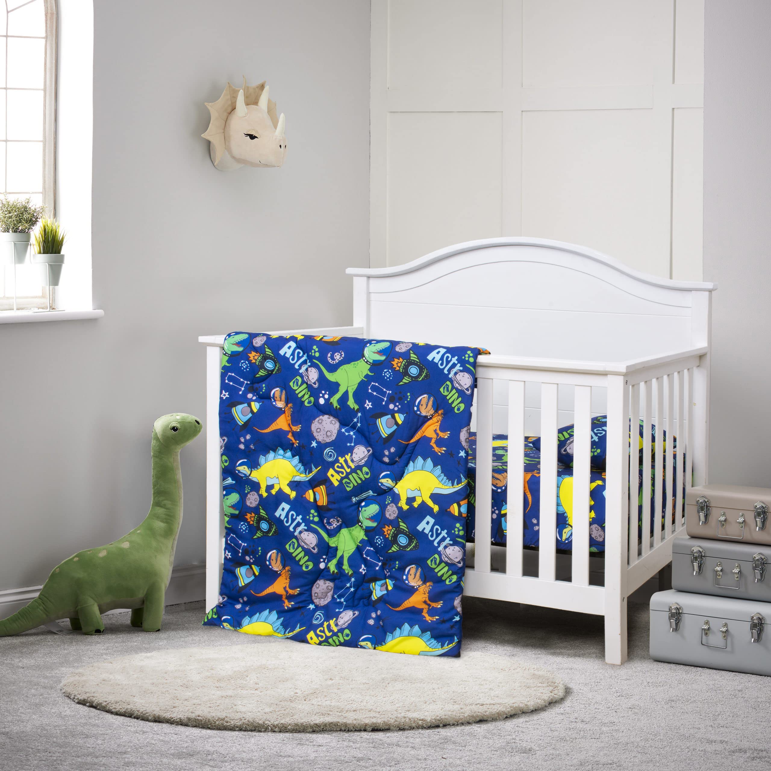 UOMNY Crib Bedding Sets for Boys 3 Piece Dinosaur Space Baby Nursery Bedding Sets Toddler Pillowcase Crib Comforter and Fitted Crib Sheet Kids Bedding Set Blue