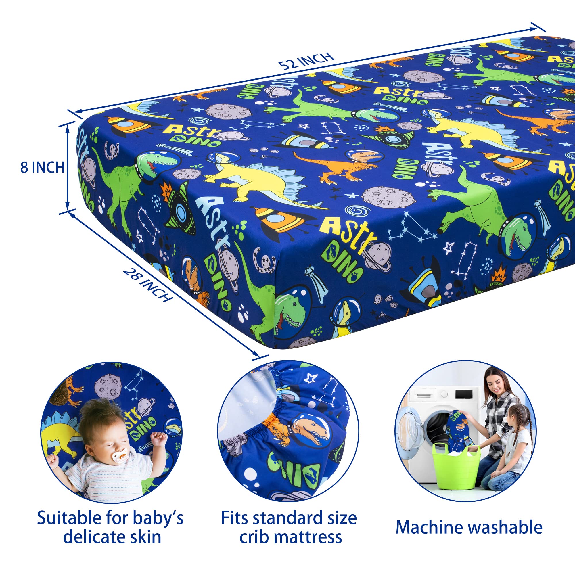 UOMNY Crib Bedding Sets for Boys 3 Piece Dinosaur Space Baby Nursery Bedding Sets Toddler Pillowcase Crib Comforter and Fitted Crib Sheet Kids Bedding Set Blue