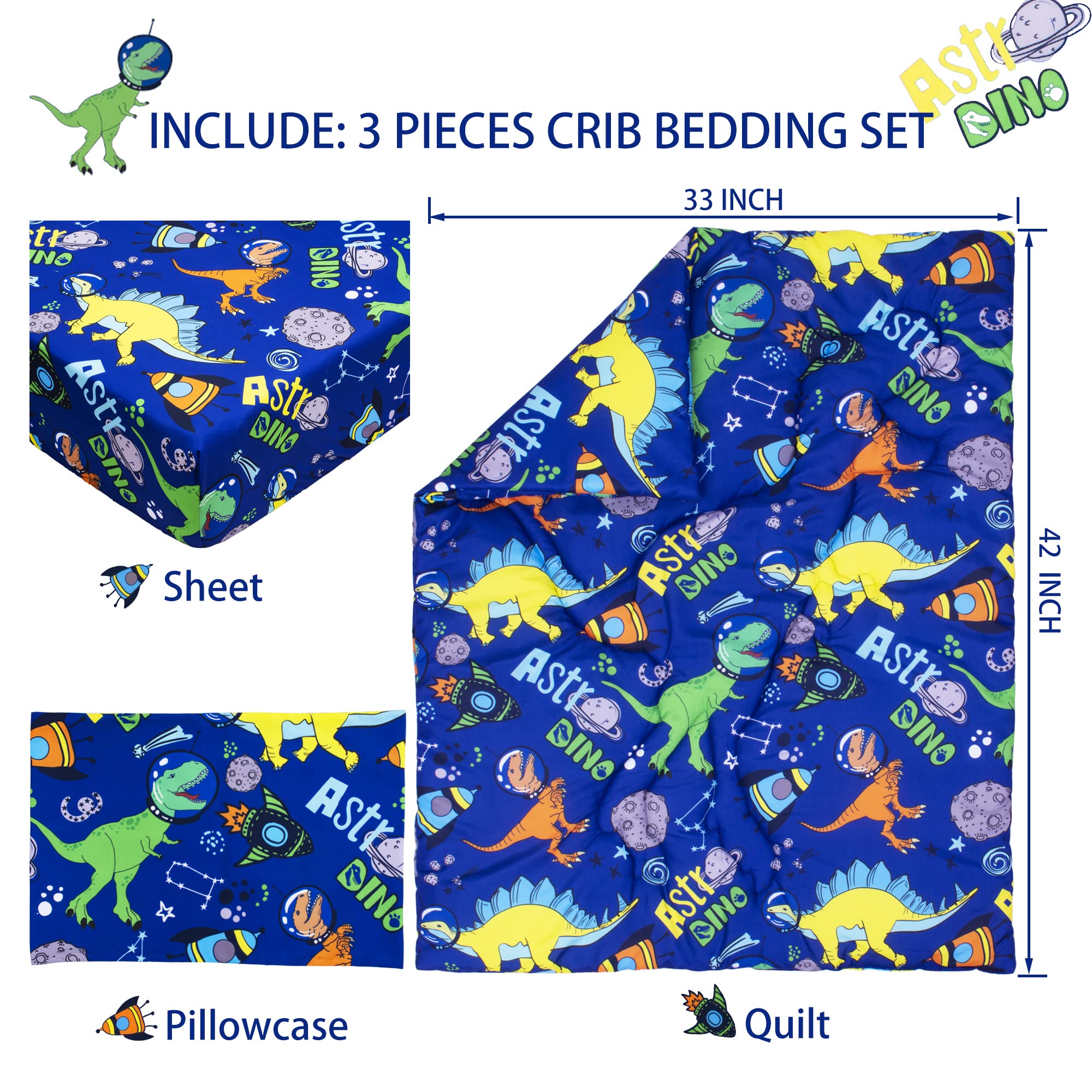 UOMNY Crib Bedding Sets for Boys 3 Piece Dinosaur Space Baby Nursery Bedding Sets Toddler Pillowcase Crib Comforter and Fitted Crib Sheet Kids Bedding Set Blue