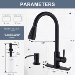 WOWOW Black Kitchen Faucet with Soap Dispenser, Stainless Steel Kitchen Sink Faucet, Matte Black Kitchen Faucet Single Handle High Arc Utility Sink Faucet for Sink, RV, Laundry, Bar