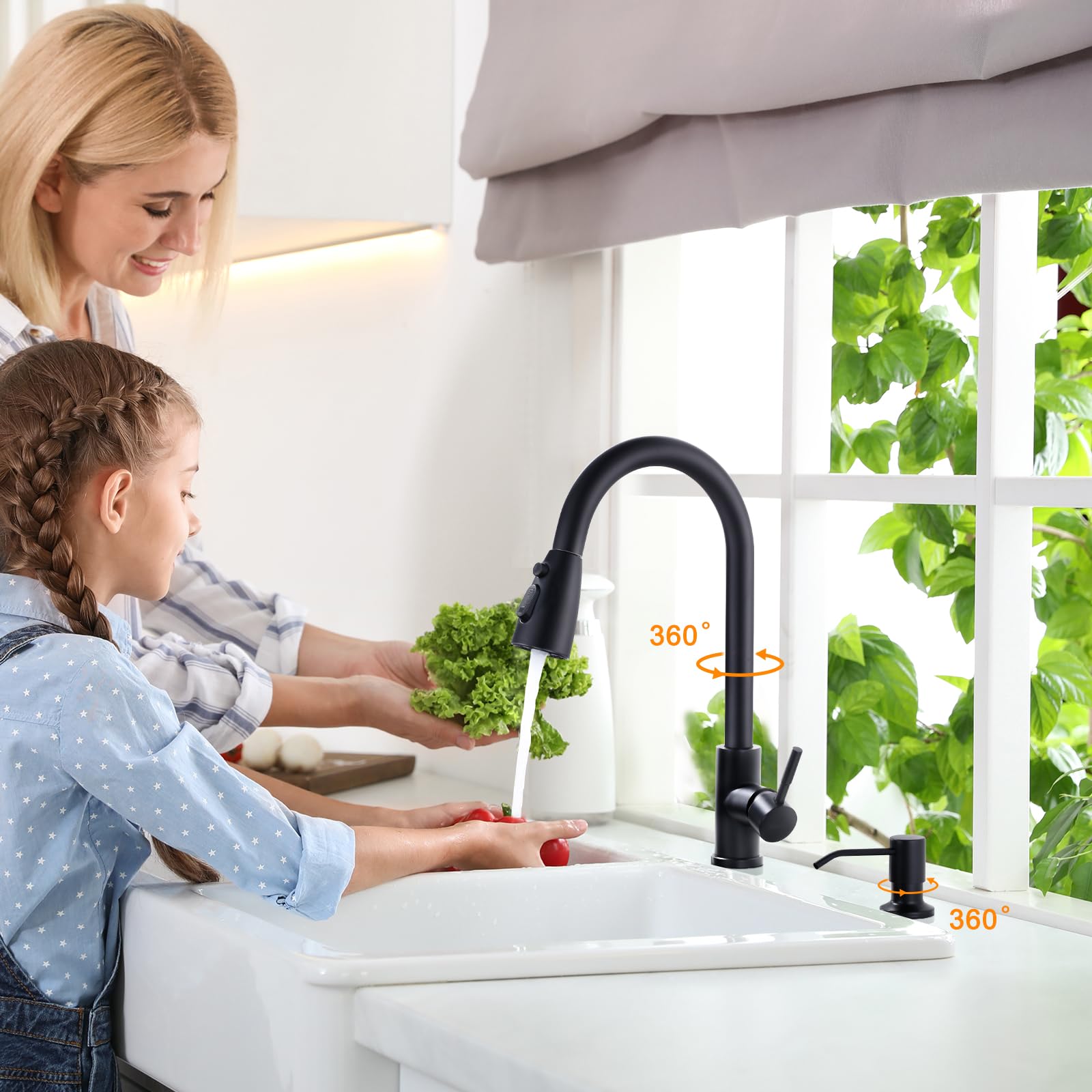 WOWOW Black Kitchen Faucet with Soap Dispenser, Stainless Steel Kitchen Sink Faucet, Matte Black Kitchen Faucet Single Handle High Arc Utility Sink Faucet for Sink, RV, Laundry, Bar