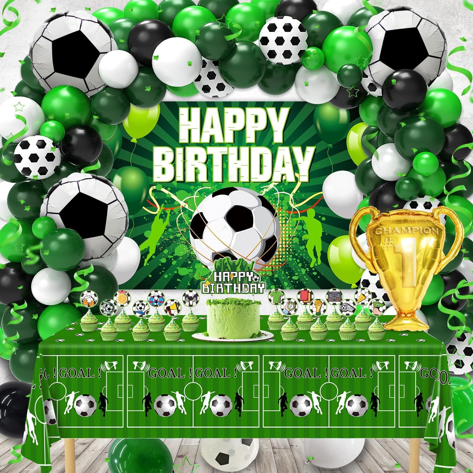 Soccer Party Decorations, 122Pcs Soccer Birthday Party Decorations Supplies with Soccer Balloons Happy Birthday Banner Tablecloth and Cake Toppers for Soccer Birthday Party Supplies