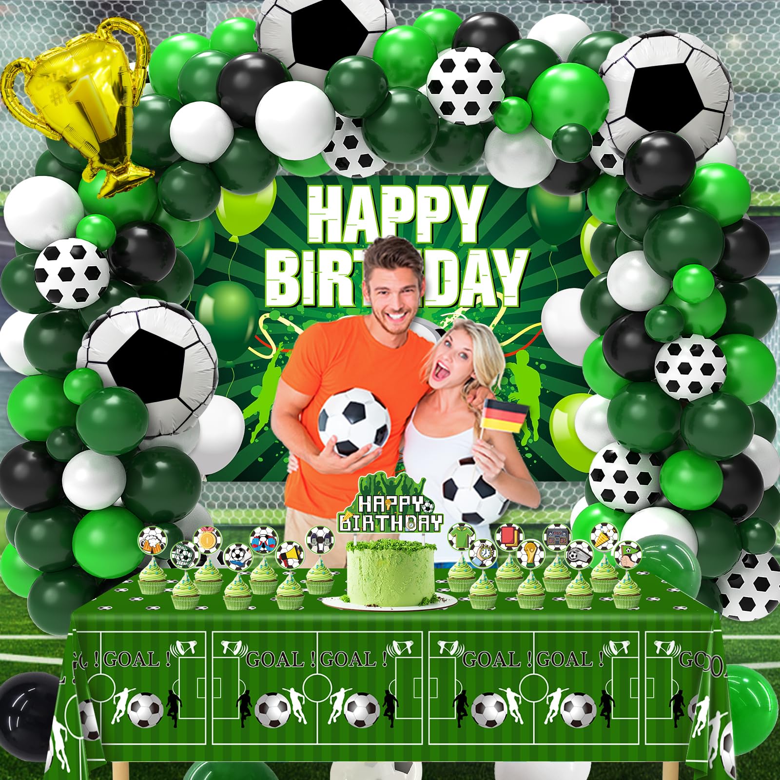 Soccer Party Decorations, 122Pcs Soccer Birthday Party Decorations Supplies with Soccer Balloons Happy Birthday Banner Tablecloth and Cake Toppers for Soccer Birthday Party Supplies