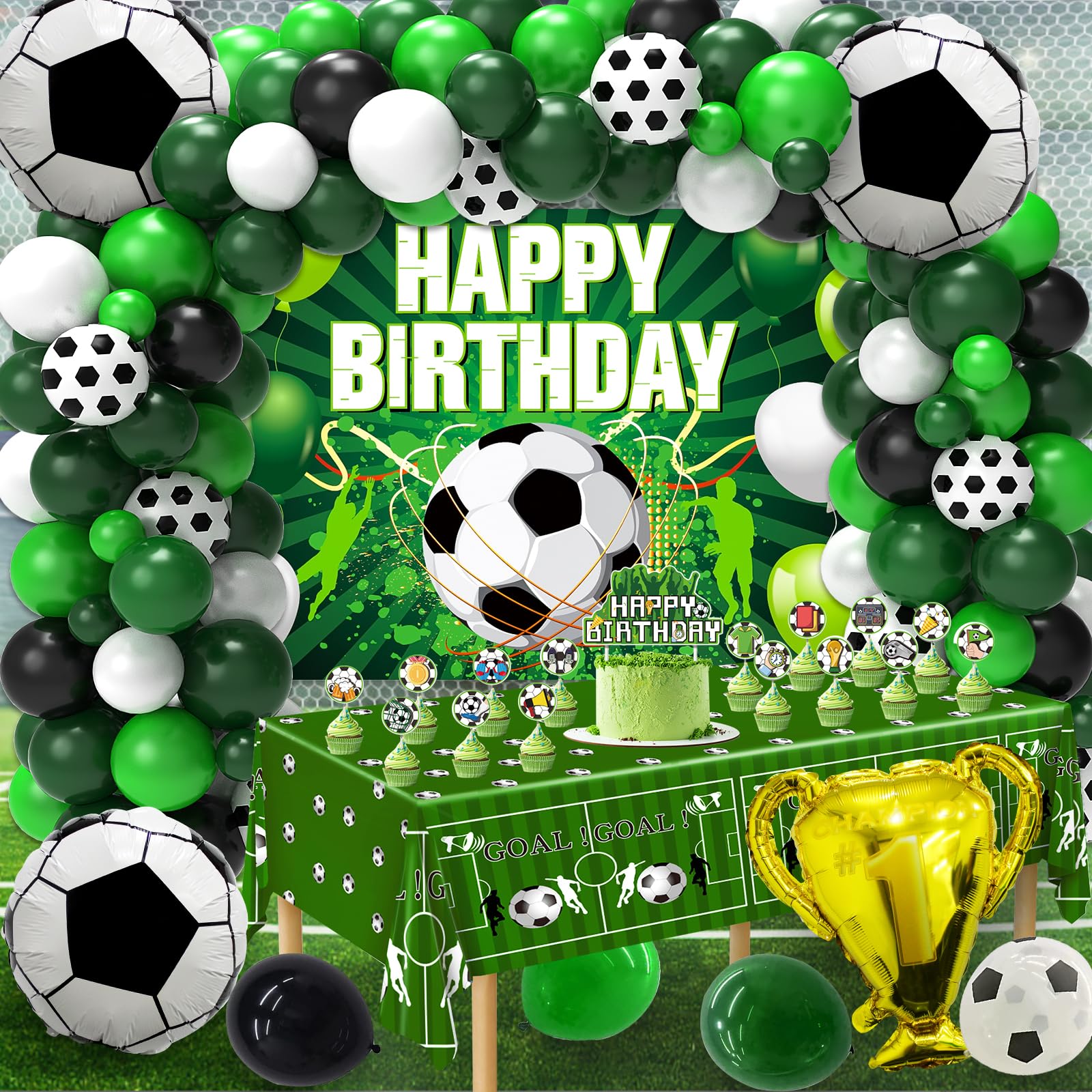 Soccer Party Decorations, 122Pcs Soccer Birthday Party Decorations Supplies with Soccer Balloons Happy Birthday Banner Tablecloth and Cake Toppers for Soccer Birthday Party Supplies