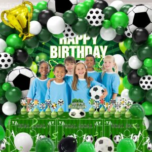 Soccer Party Decorations, 122Pcs Soccer Birthday Party Decorations Supplies with Soccer Balloons Happy Birthday Banner Tablecloth and Cake Toppers for Soccer Birthday Party Supplies