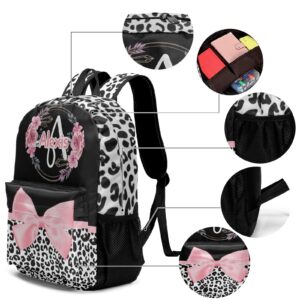 Anneunique Customized Leopard Print Pink Black Bow Backpacks Set with Name Multifunctional Series Pack 1Casual Pack +1Lunch Handbag +1Pencil Case