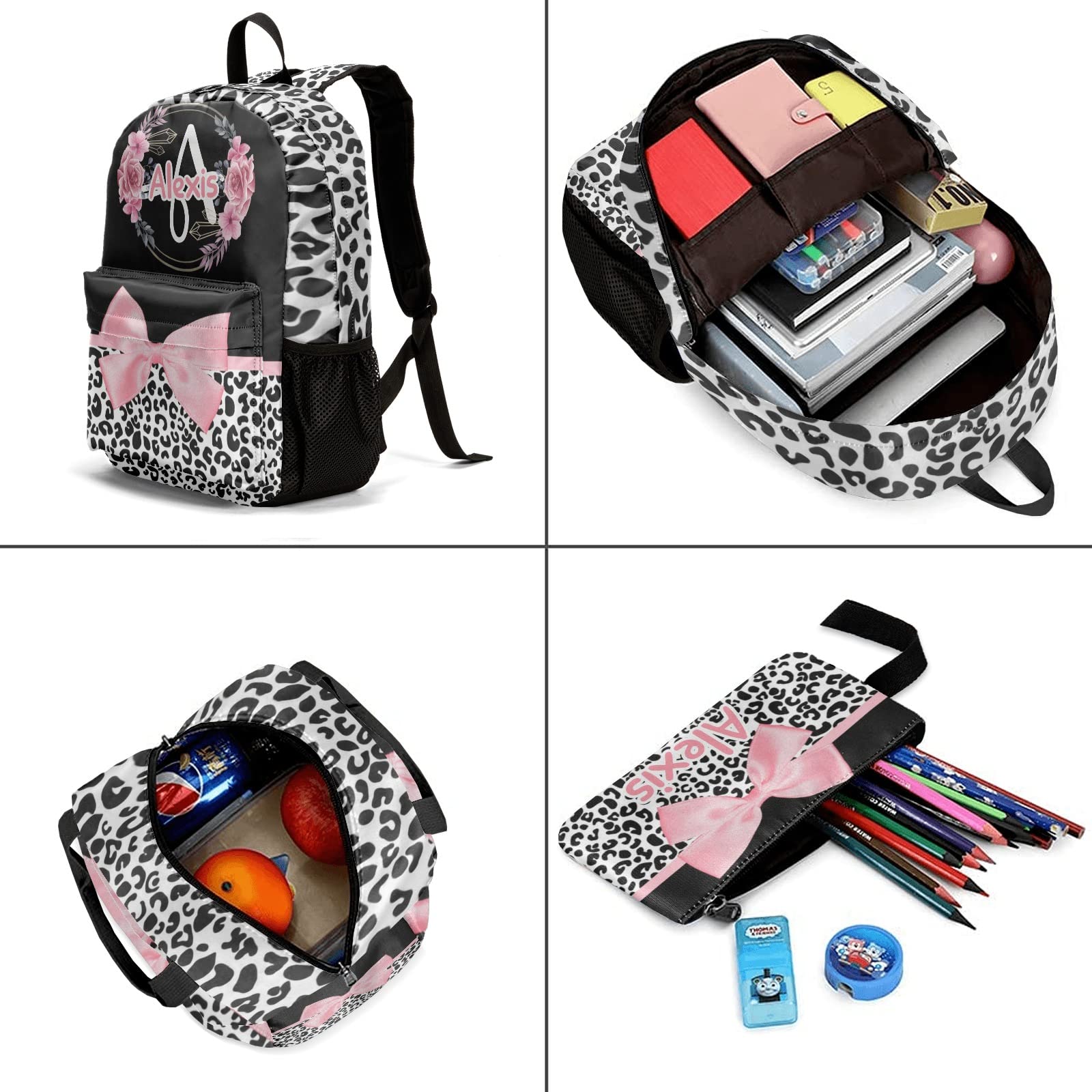 Anneunique Customized Leopard Print Pink Black Bow Backpacks Set with Name Multifunctional Series Pack 1Casual Pack +1Lunch Handbag +1Pencil Case