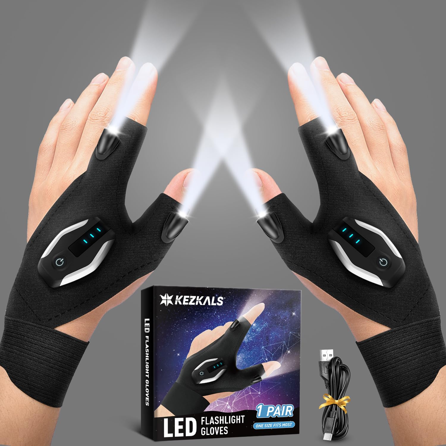 KEZKALS Father's Day Gifts, LED Rechargeable Flashlight Gloves, Mens Gifts for Dad, Gifts for Him, Boyfriend, Husband, Grandpa, Fishing Gifts for Men, Birthday Gifts for Men Who Have Everything