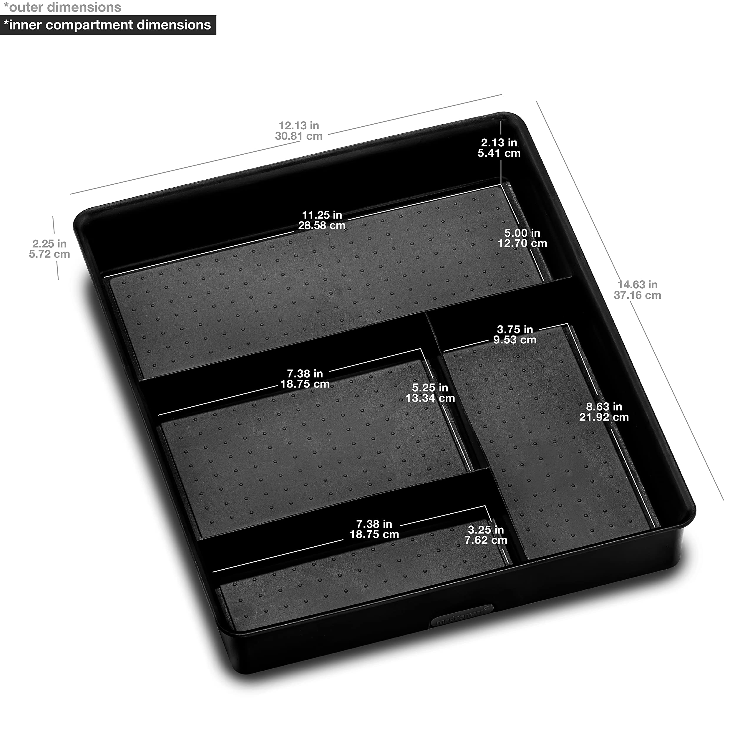 madesmart Antimicrobial Clear Soft Grip Large Gadget Tray, Non-Slip Multi-Purpose Drawer Organizer, 4 Compartments, All-In-One Home Organization, EPA Certified, Carbon