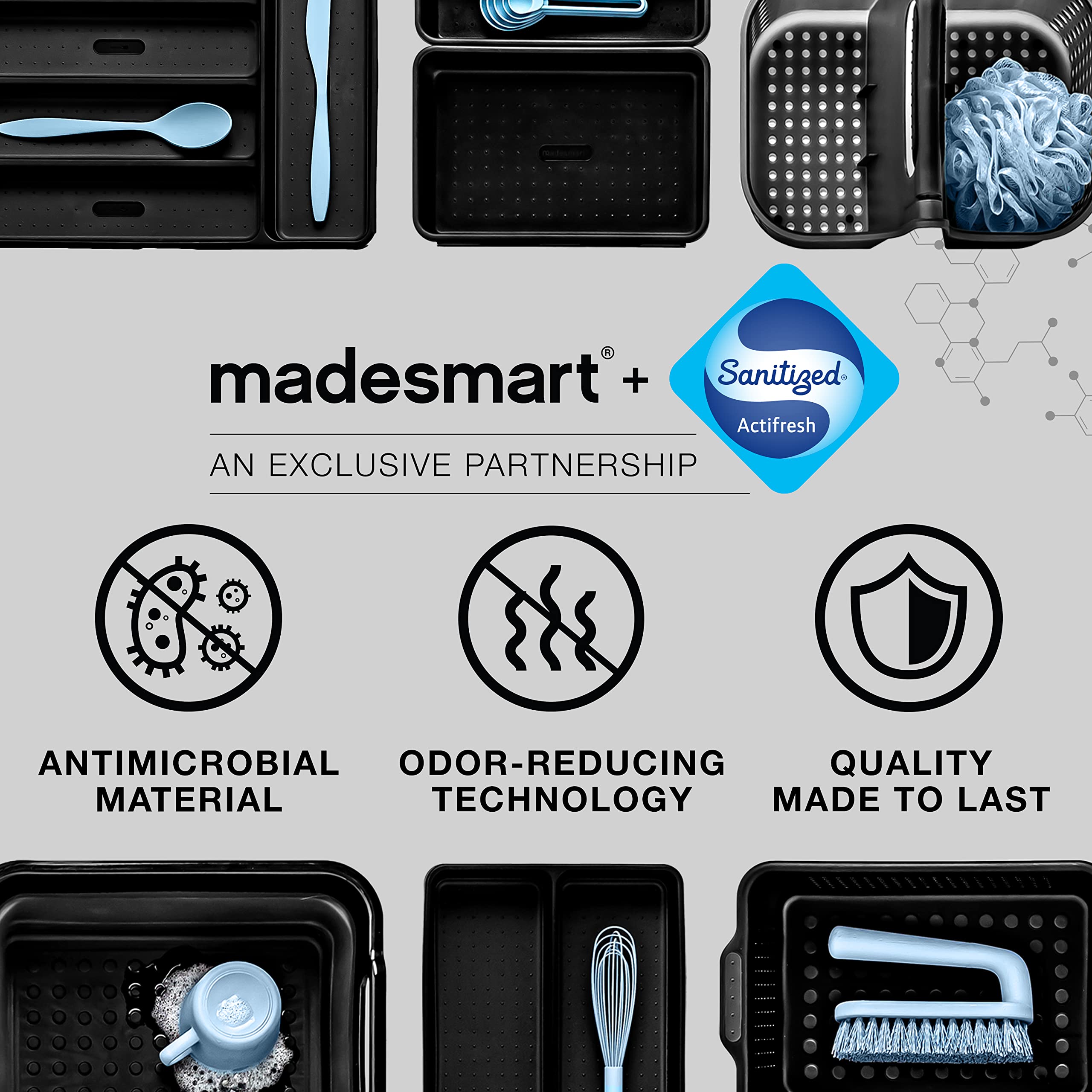 madesmart Antimicrobial Clear Soft Grip Large Gadget Tray, Non-Slip Multi-Purpose Drawer Organizer, 4 Compartments, All-In-One Home Organization, EPA Certified, Carbon