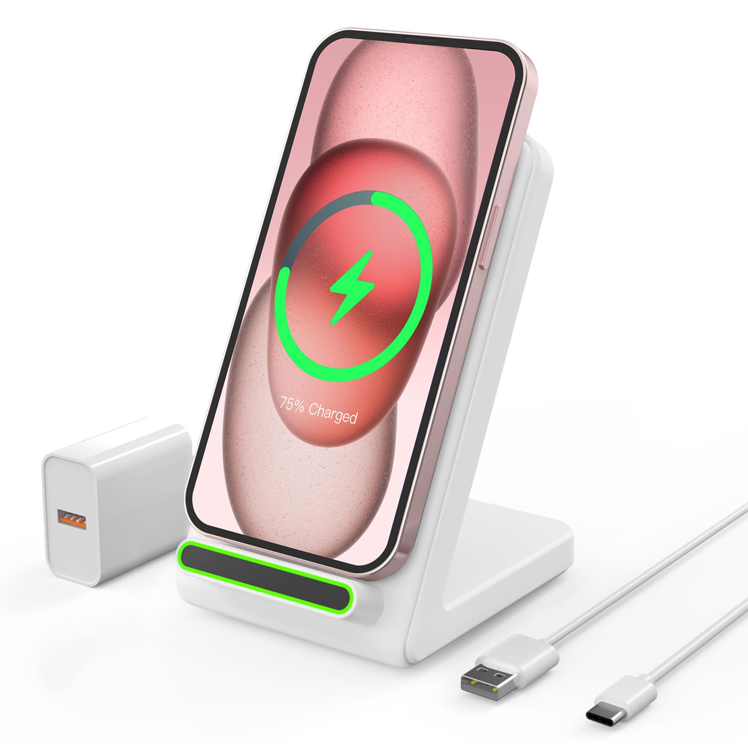 Wireless Charging Stand for iPhone 15/14/13/12 Pro Max/Pro/Mini, SE 11 X XR XS MAX X 8 Plus, Wireless Phone Charger Samsung S23/S22/S21/S20/S10+/Ultra, Note 20/10/9 White (Adapter Included)