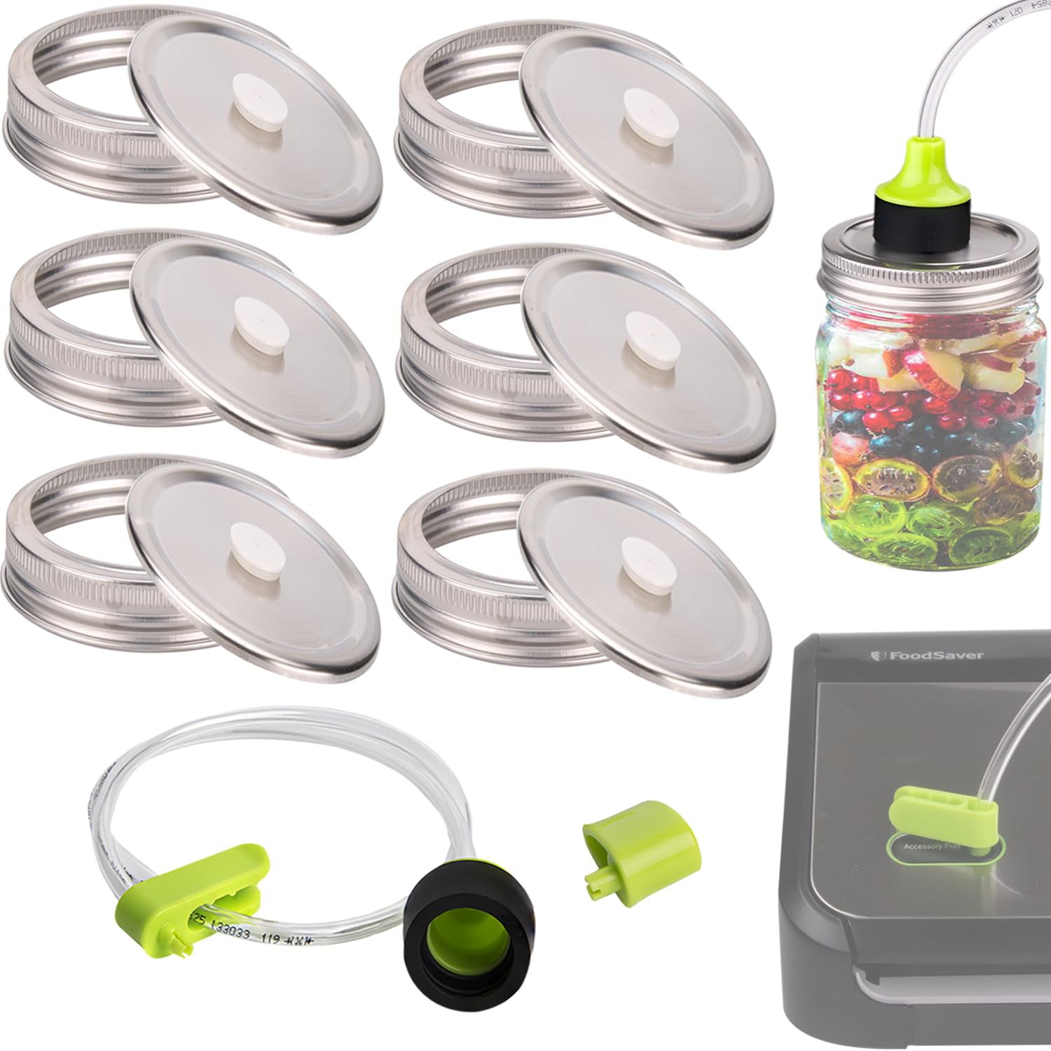 food saver lids for mason jars, Vacuum seal cap Compatible with FoodSaver Vacuum Sealer, Food Storage/fermentation lids,6-pack regular mouth mason jar lids + accessory hose