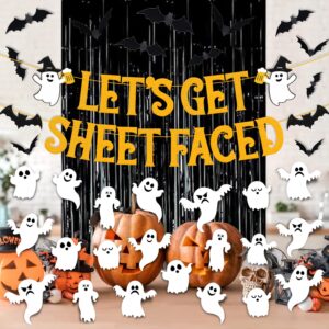 36 PCS Halloween Party Decorations Lets Get Sheet Faced Banner Black Foil Curtains Backdrop Bat Ghost Wall Decor Halloween Haunted House Witches Theme for Kids Boy Girl Halloween Party Supplies